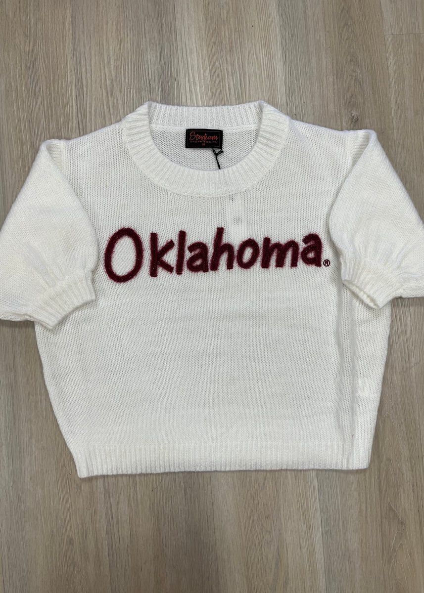 "Oklahoma" WHITE Stadium Sweater Top with CRIMSON Lettering – Pink ...